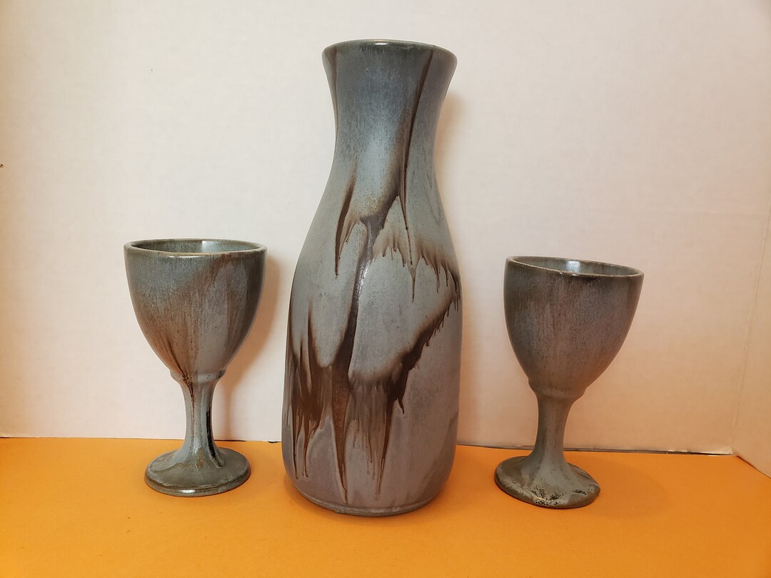 Slate Grey BMP Blue Mountain Pottery Decanter & Glasses, Retro Drip ...