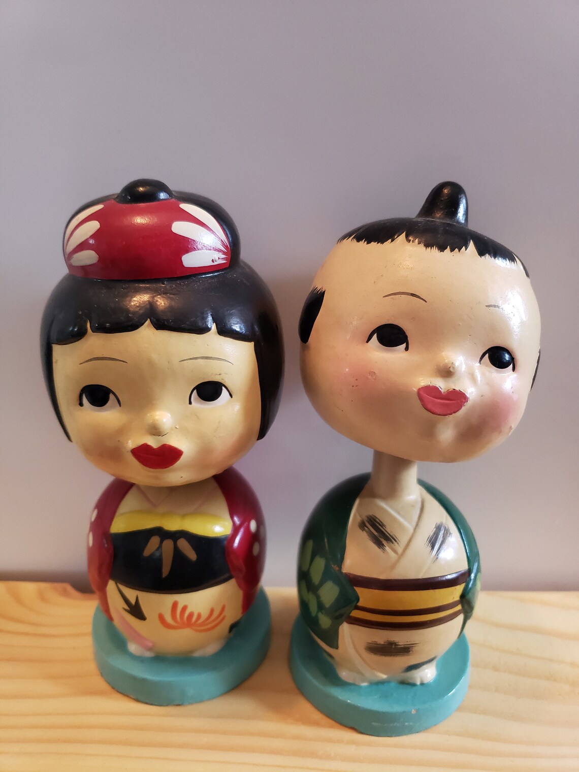 Vintage Pair Chalkware Japanese Bobble Heads / Boy Girl Magnetic Lips ...