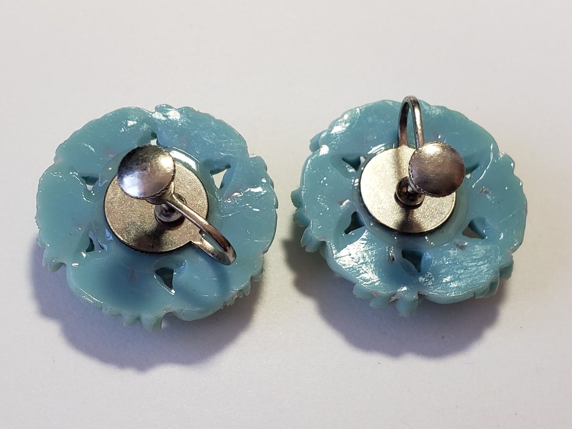 Celluloid Carved Flower / Screw Back Earrings / Light Blue - Etsy