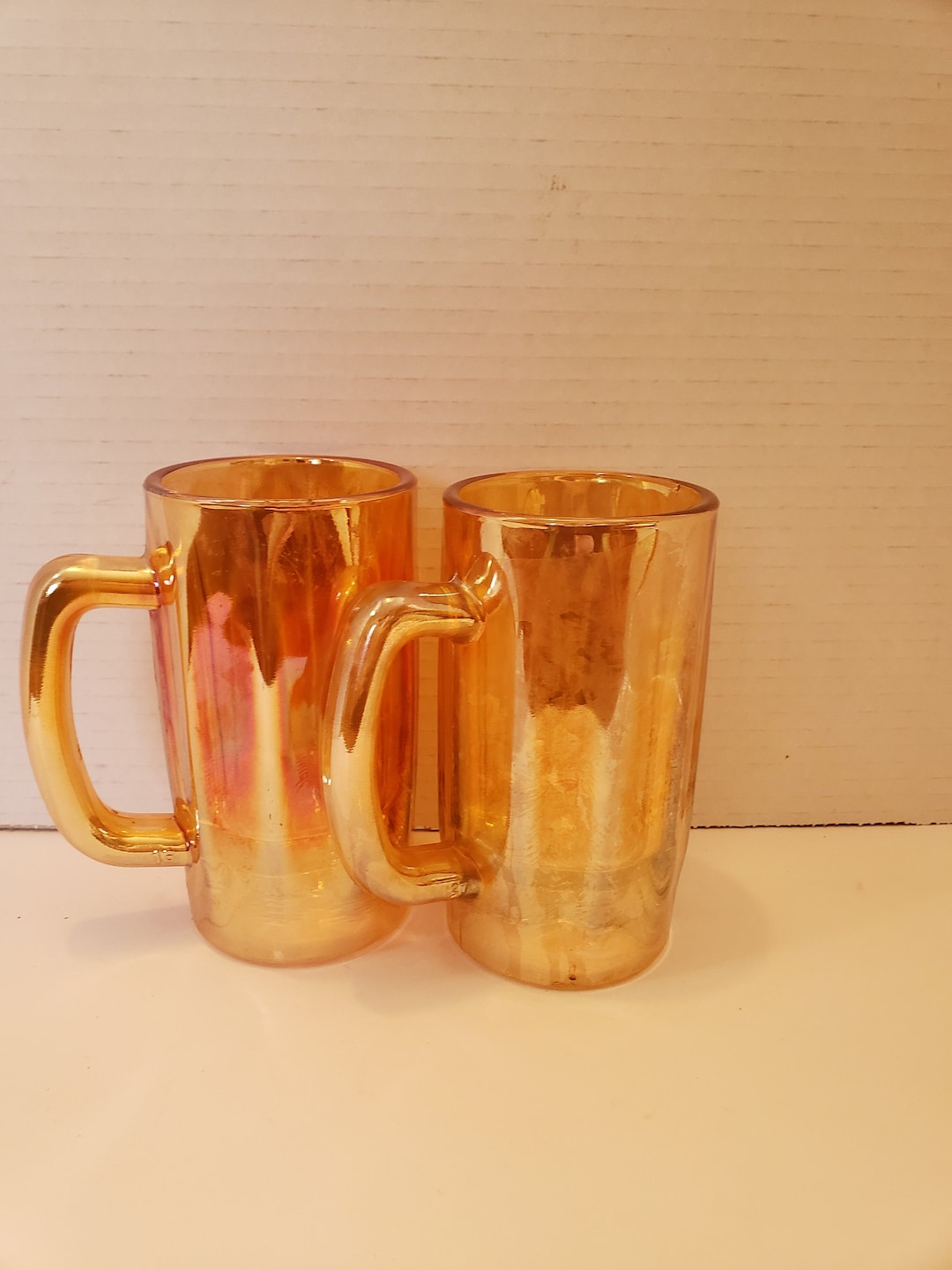 Marigold Carnival Glass Beer Mugs, Imperial Glass Handled Heavy Bar ...