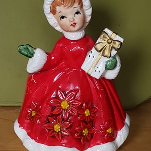 Lefton Christmas Ceramic Shopper Girl Planter Figurine, Poinsettia Girl ...