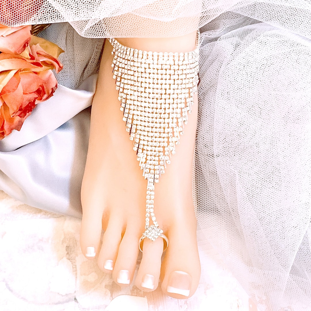 Rhinestone Barefoot Sandals: Silver Plated Wedding Foot Jewelry - Etsy
