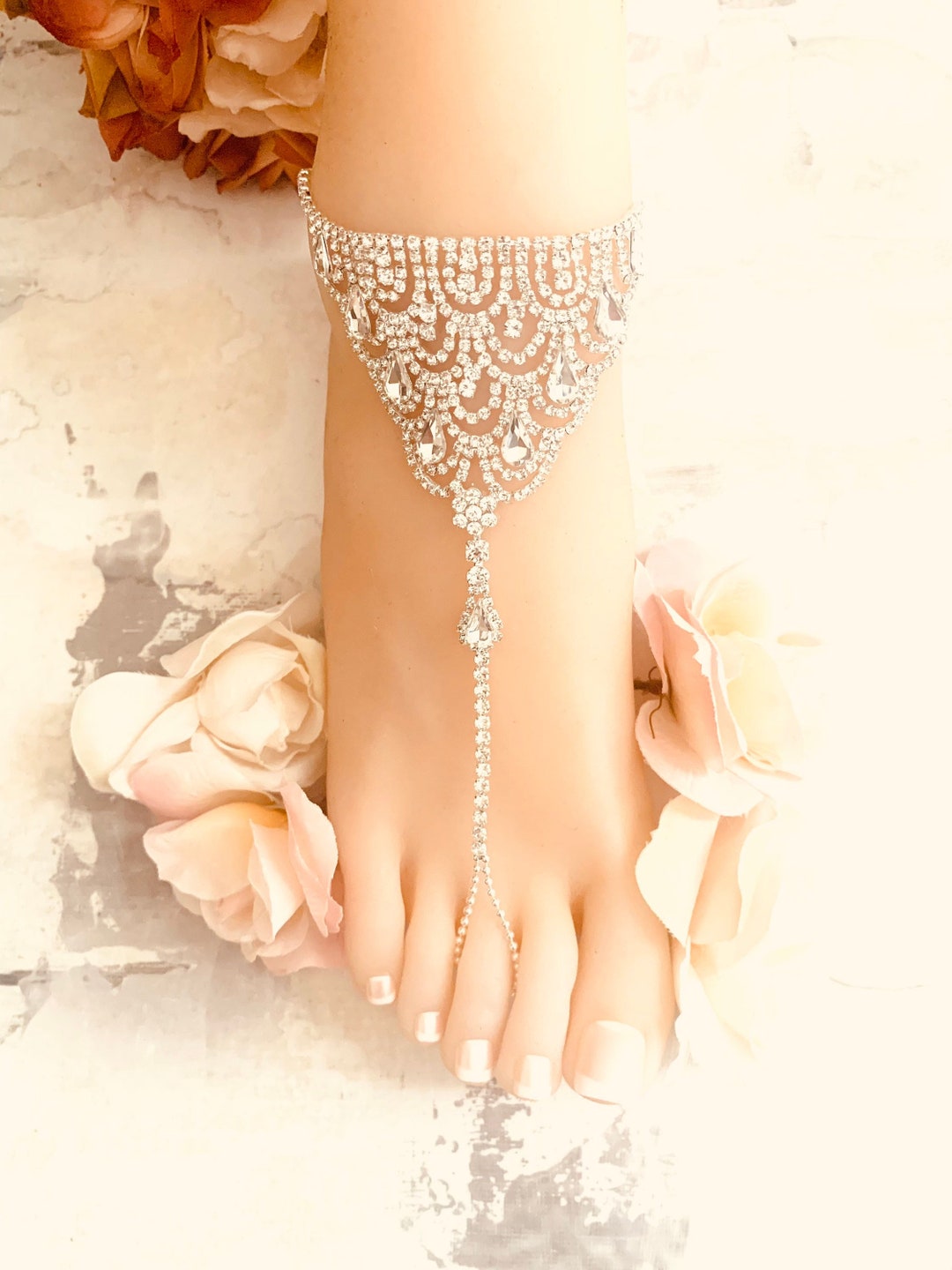 Rhinestone Barefoot Sandals: Silver Plated Bridal Foot Jewelry - Etsy