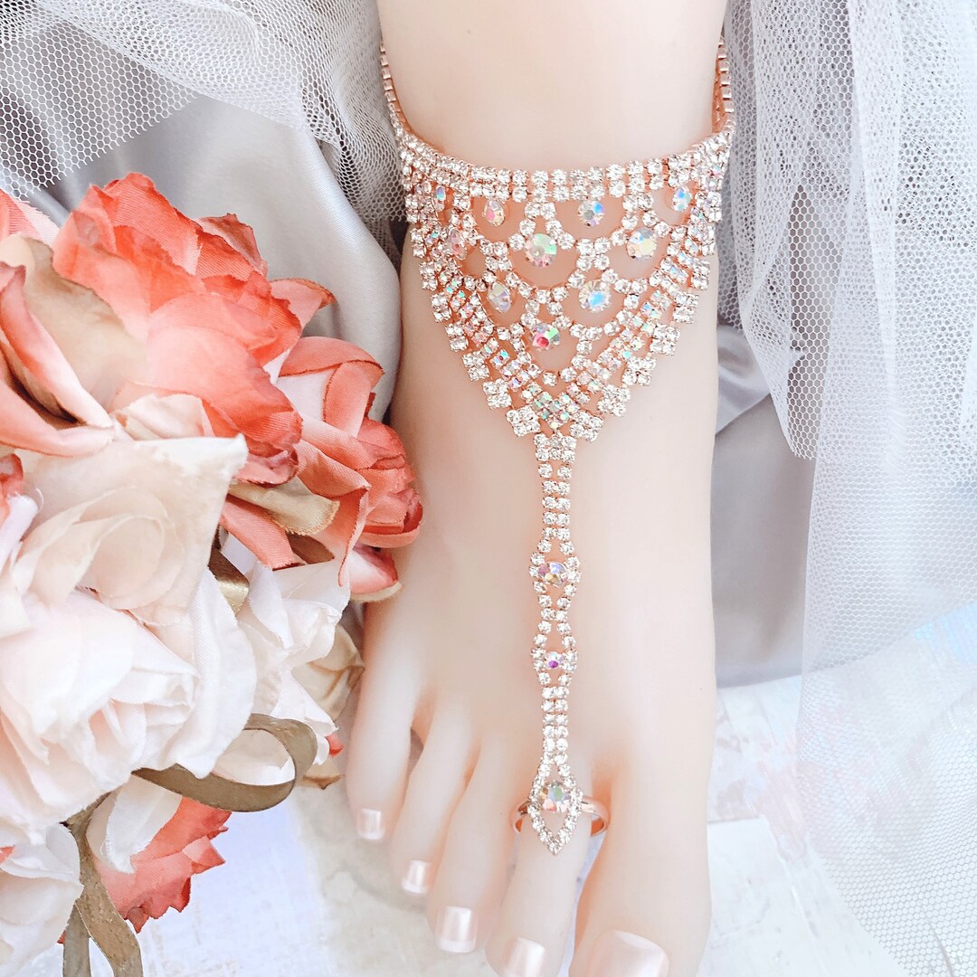 Rose Gold Rhinestone Barefoot Sandals: Bridal Beach Foot Jewelry - Etsy
