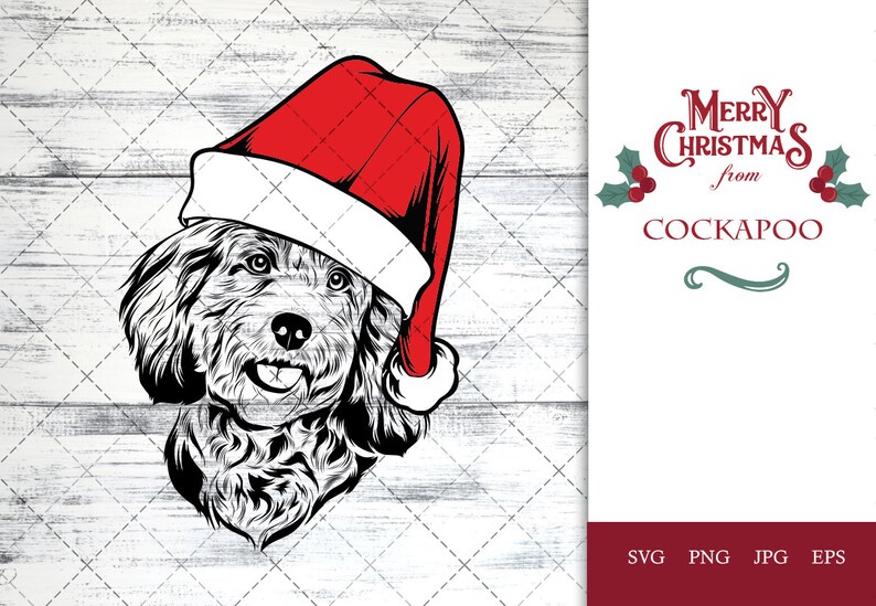 Cockapoo Dog Svg Portrait Clipart Vector Graphic Art Xmas Hat Christmas ...