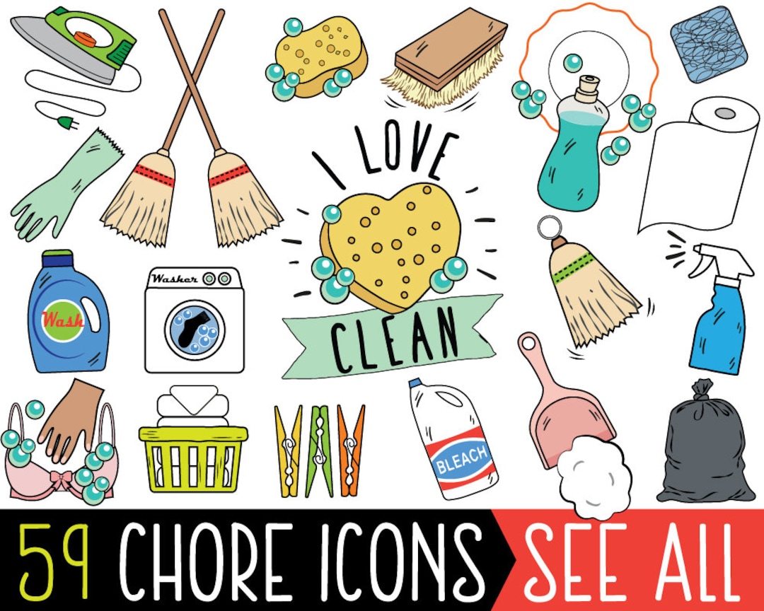 Chore Clipart, JUMBO Bundle, Cleaning Clipart, Printable Chore Stickers ...