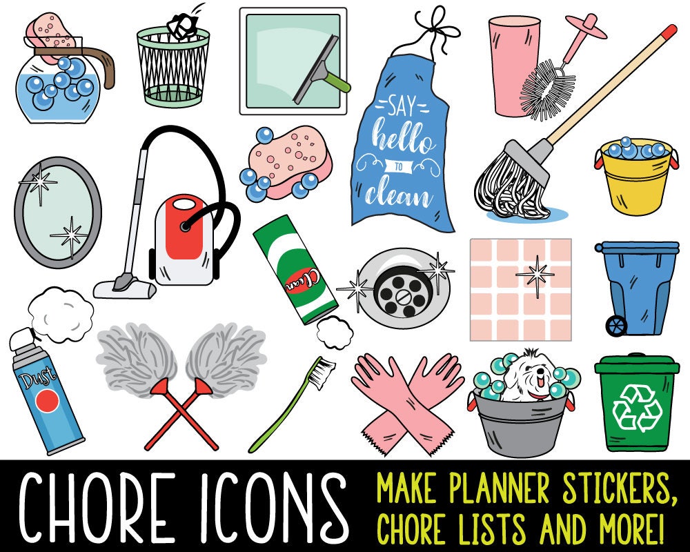Chore Clipart, JUMBO Bundle, Cleaning Clipart, Printable Chore Stickers ...