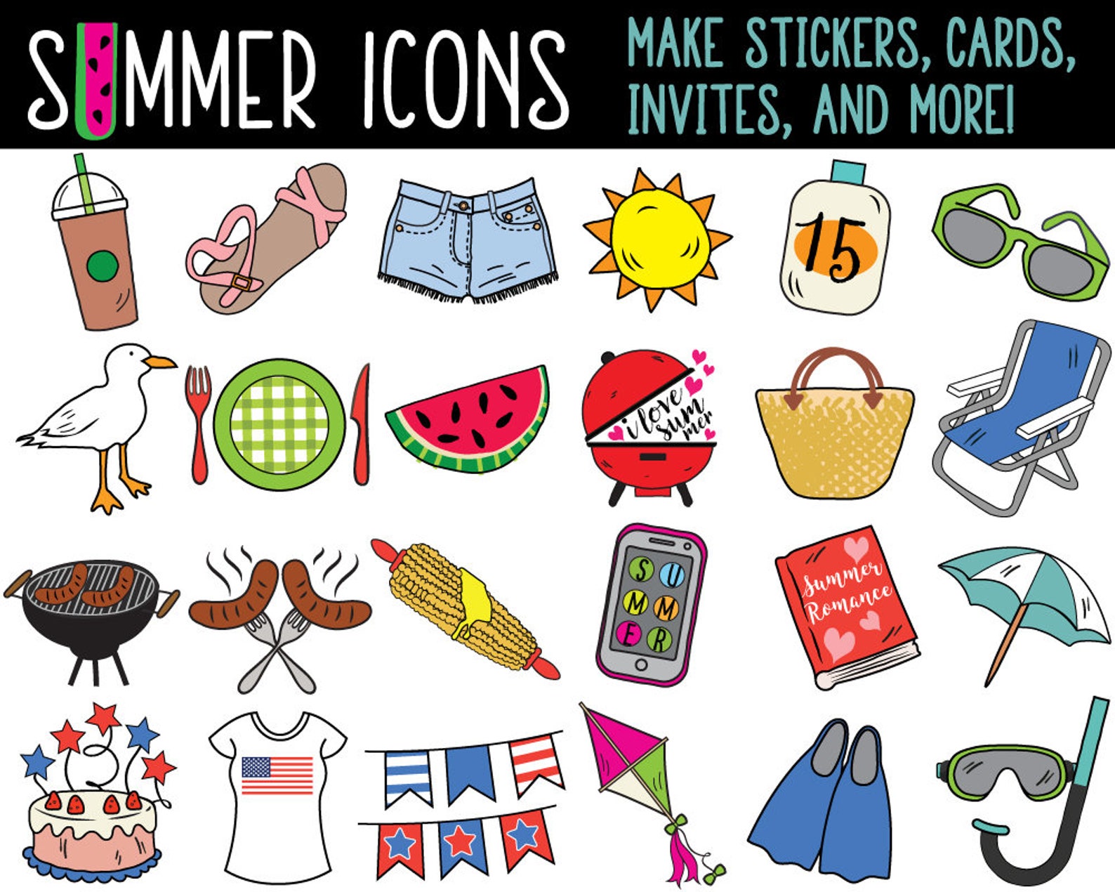 MEGA Bundle Summer Clipart, Summer Clip Art, Printable Planner Stickers ...