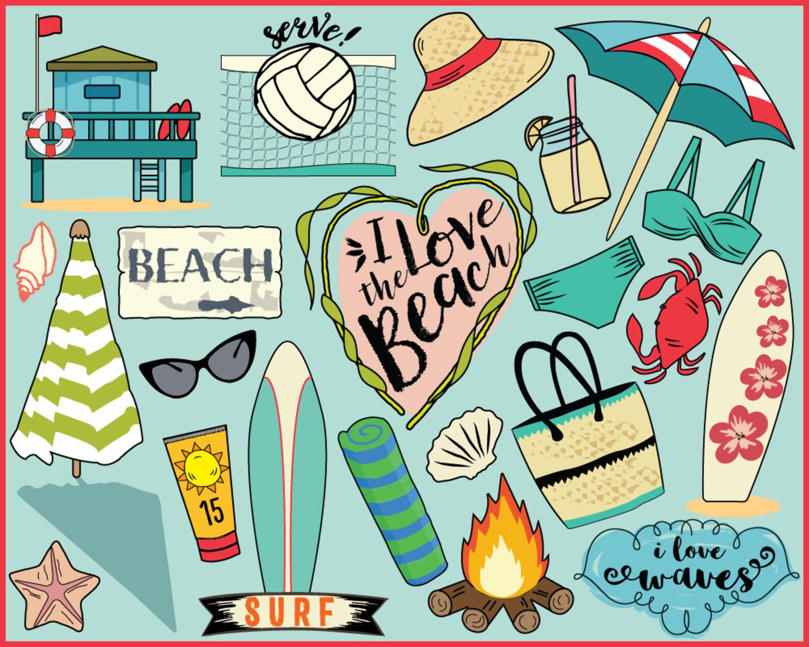 Beach Clipart, Planner Stickers, Beach Clip Art, Summer Clipart, Bullet ...