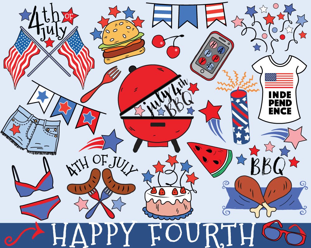 4th of July Clipart, Vector, Fourth of July Bbq Clipart, Summer Doodle ...