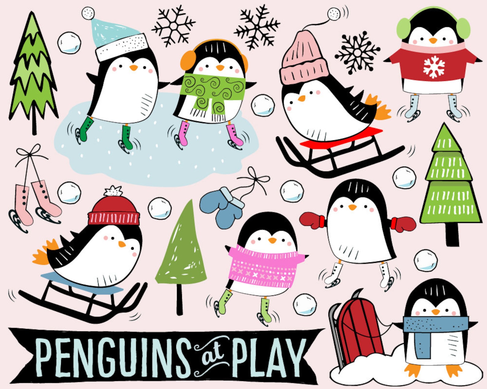 Penguin Clipart, Ice Skating Clipart, Sled Clipart, Snow Clip Art ...