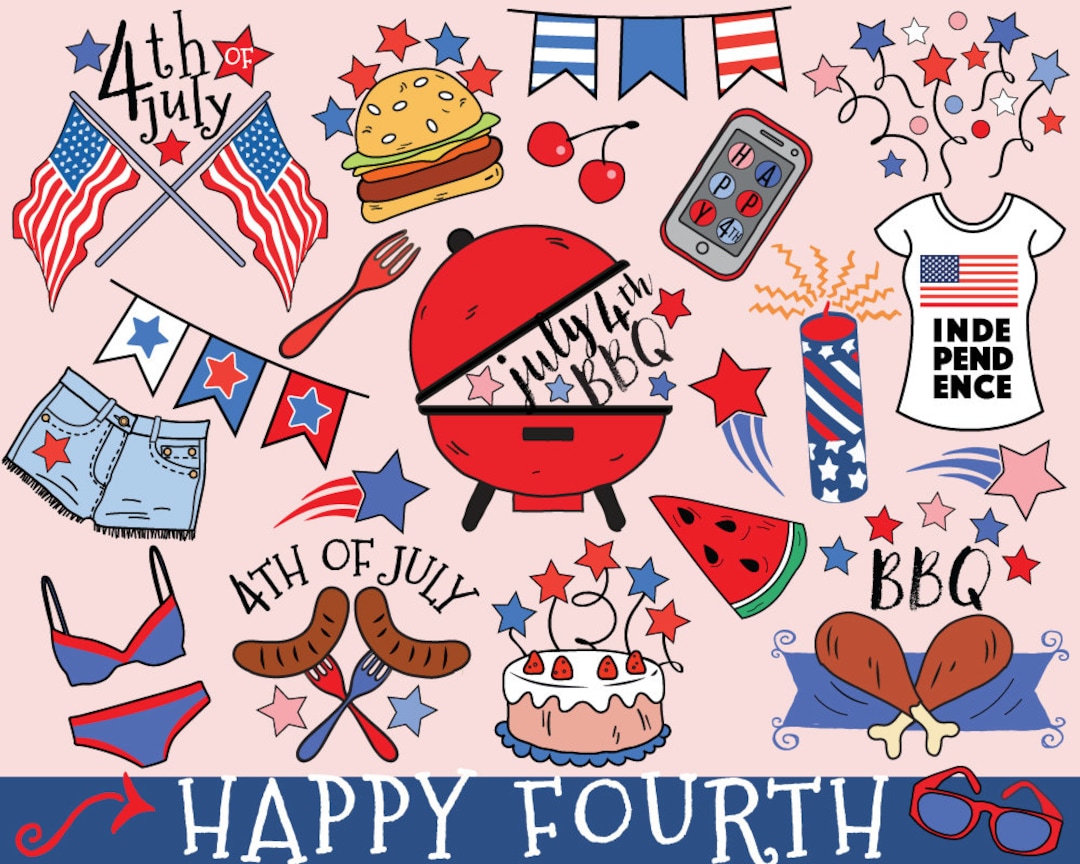 4th of July Clipart, Vector, Fourth of July Bbq Clipart, Summer Doodle ...