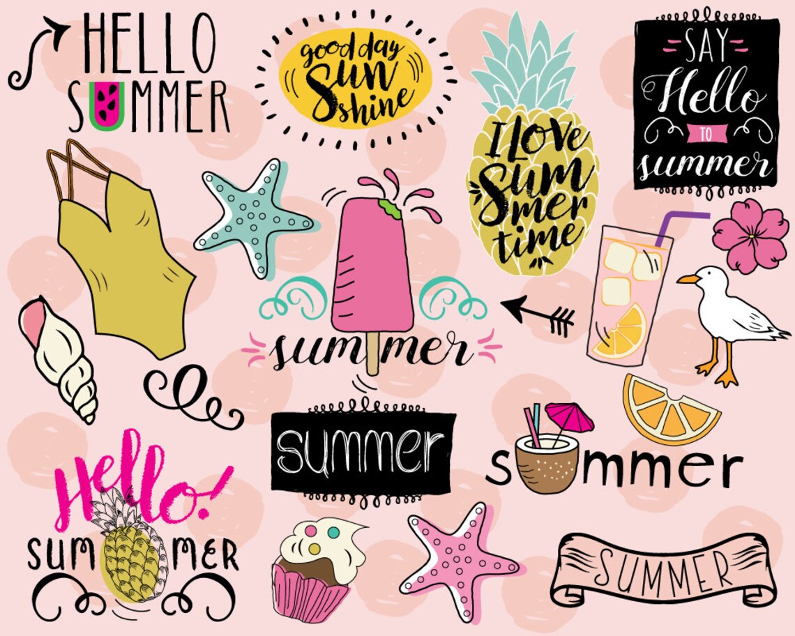 Hello Summer Clipart, Vector, Beach Clipart, Pineapple Clip Art, Doodle ...