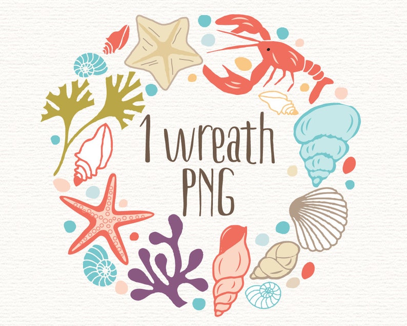 Sea Life Clipart, Vector, Ocean Clipart, Hand Drawn Wreath, Shell ...