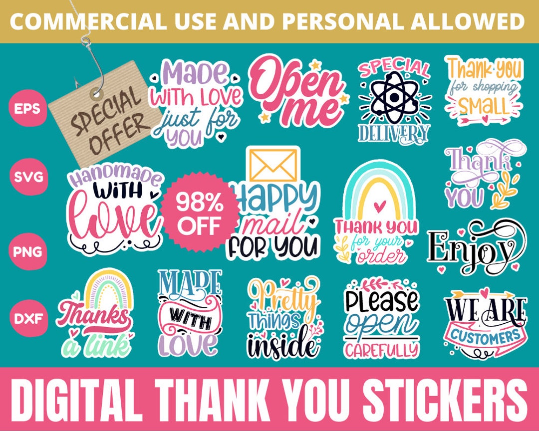 Digital Thank You Stickers SVG Bundle, Thank You Printable Stickers ...