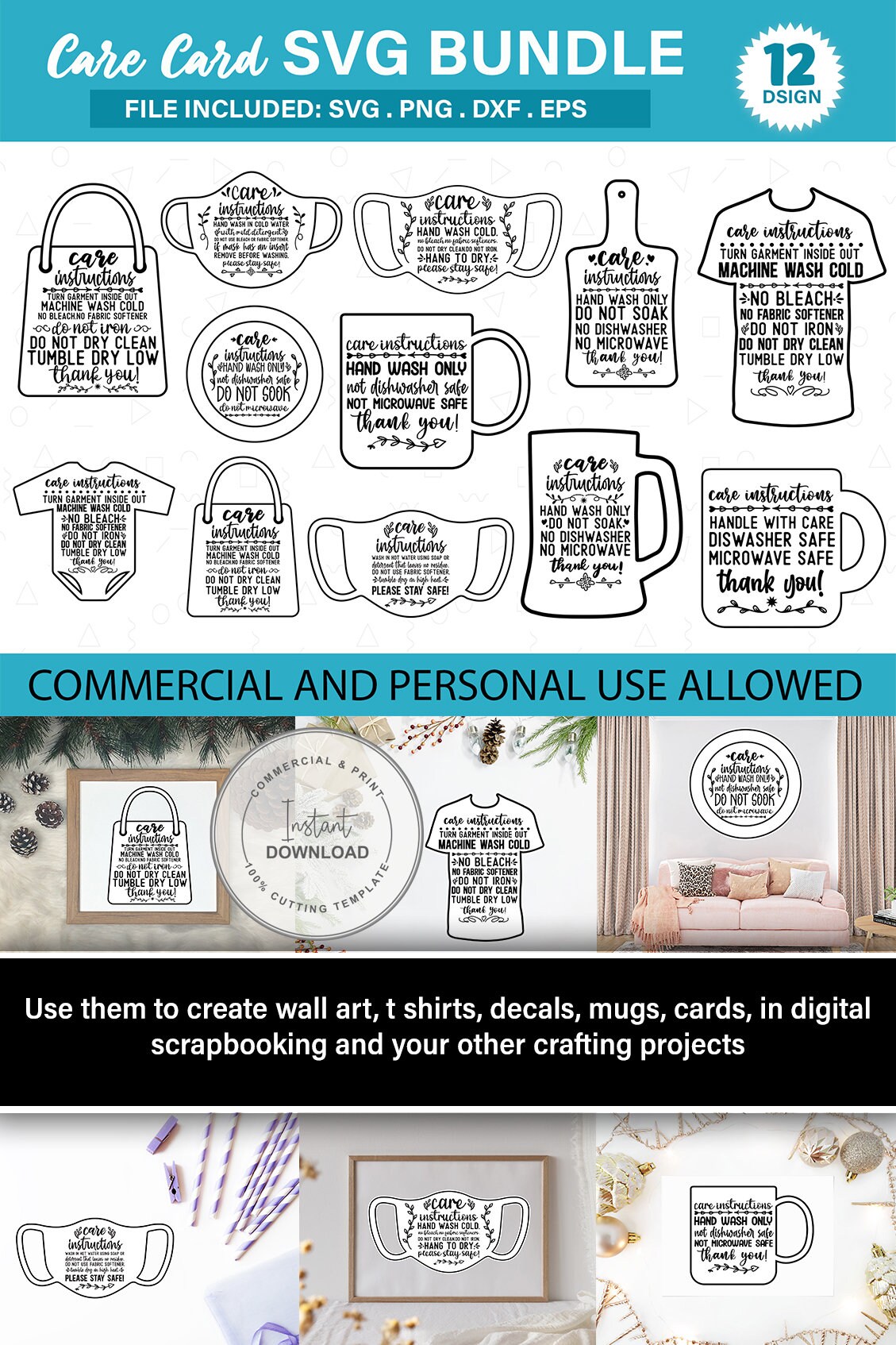 Care Card svg Bundle Washing Instructions Mug care card | Etsy