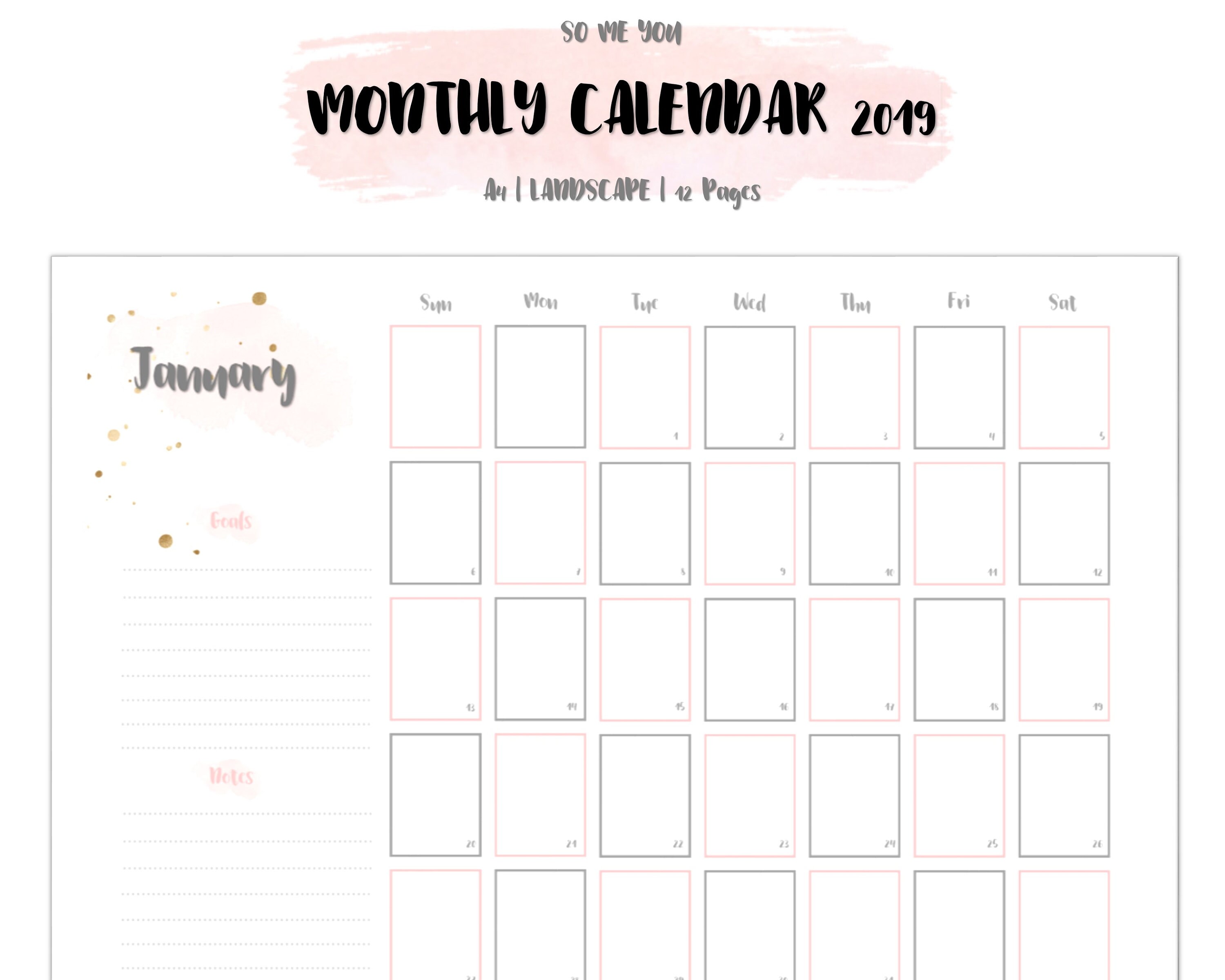 Monthly Printable Planner 2019, Goals, Notes, 2019 Planner Calendar, 12 ...