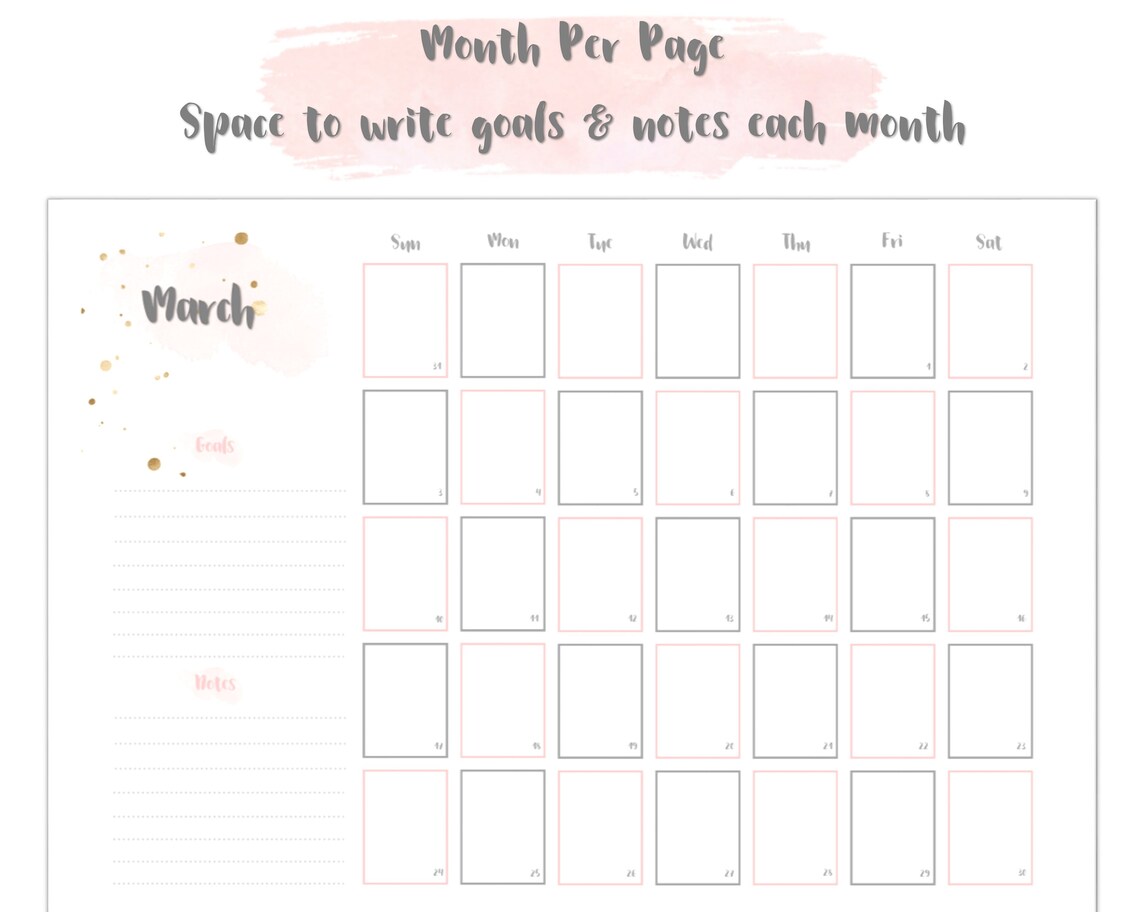 Monthly Printable Planner 2019, Goals, Notes, 2019 Planner Calendar, 12 ...