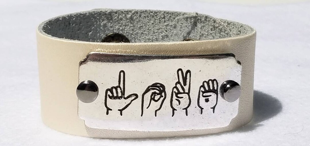 Sign Language Love Leather Cuff Bracelet Signed Metallic Cream Leather ...