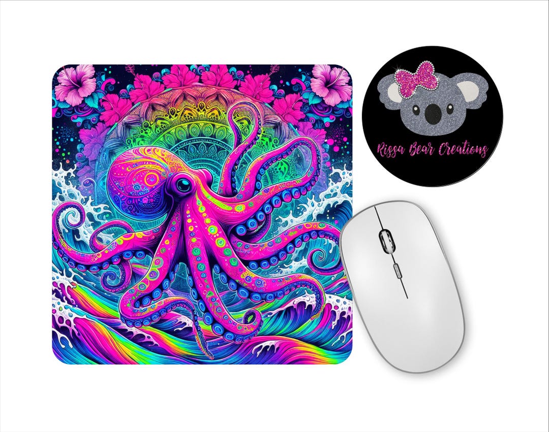 Neon Rainbow Trippy Octopus Mouse Pad Neon Psychedelic Octopus Mouse ...
