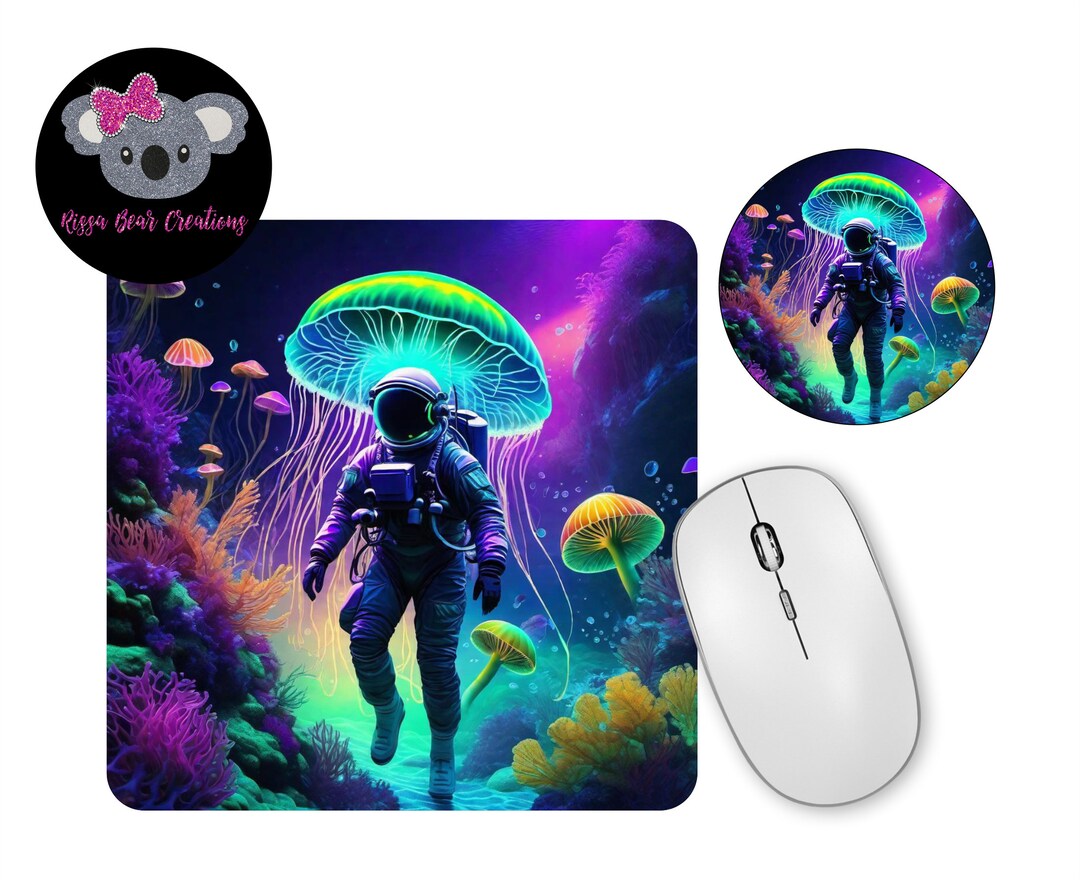 Neon Trippy Underwater Astronaut Psychedelic Mouse Pad and Coaster Set ...