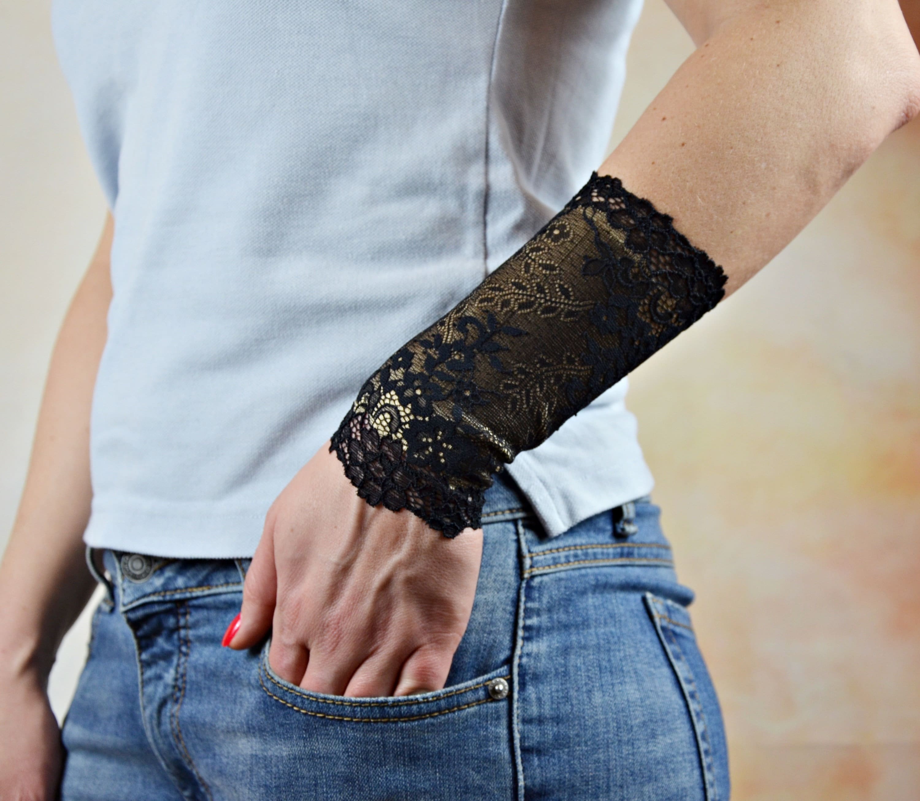 Black Lace Cuff One Pair Wrist Tattoo Cover Bracelet - Etsy