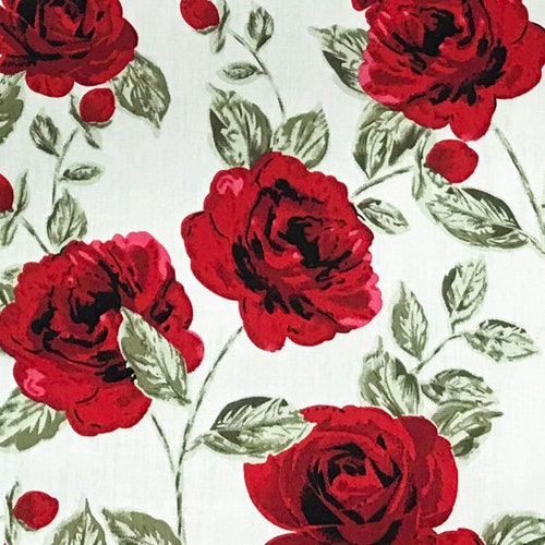 Fabric white Rose Garden Red Rose Print on White/ - Etsy