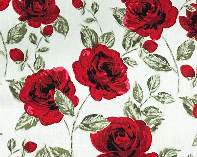 Fabric "white Rose Garden" Red Rose Print on White/ Floral Cotton ...