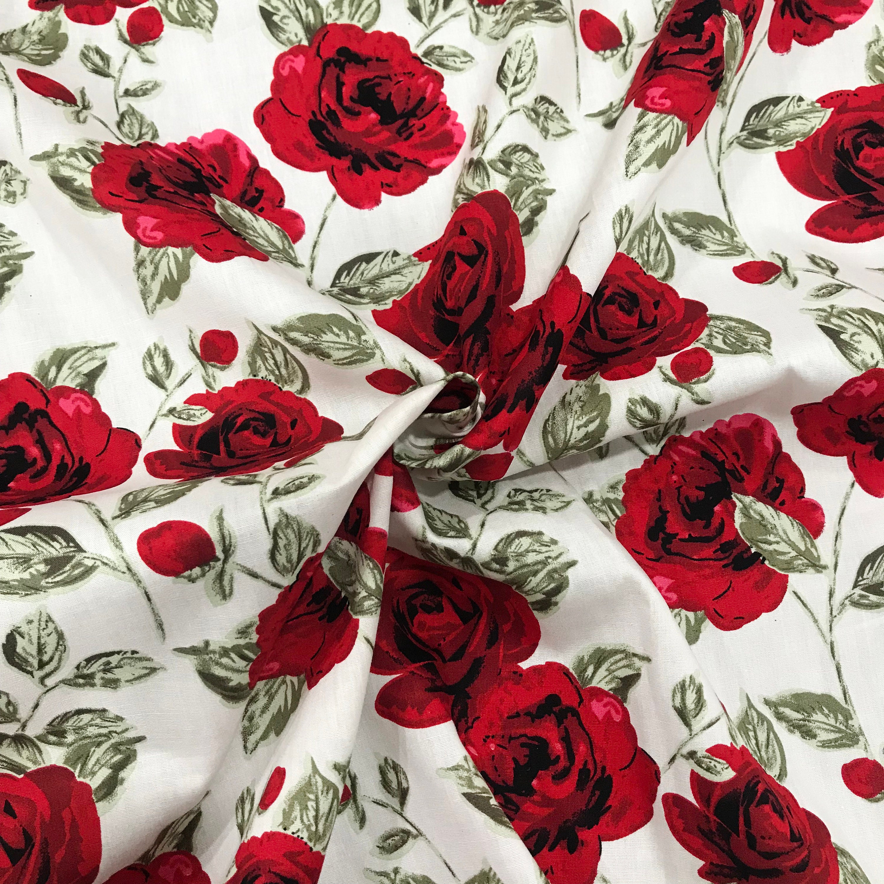 Fabric white Rose Garden Red Rose Print on White/ - Etsy
