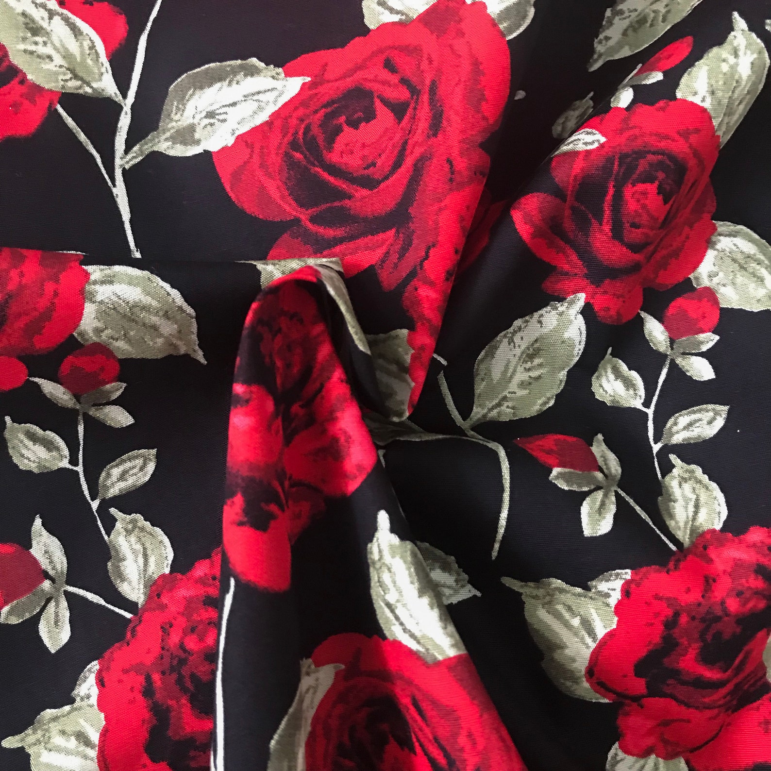 Fabric the Black Rose Garden Red Rose Print / | Etsy