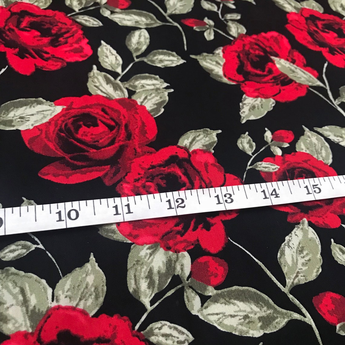 Fabric the Black Rose Garden Red Rose Print / | Etsy