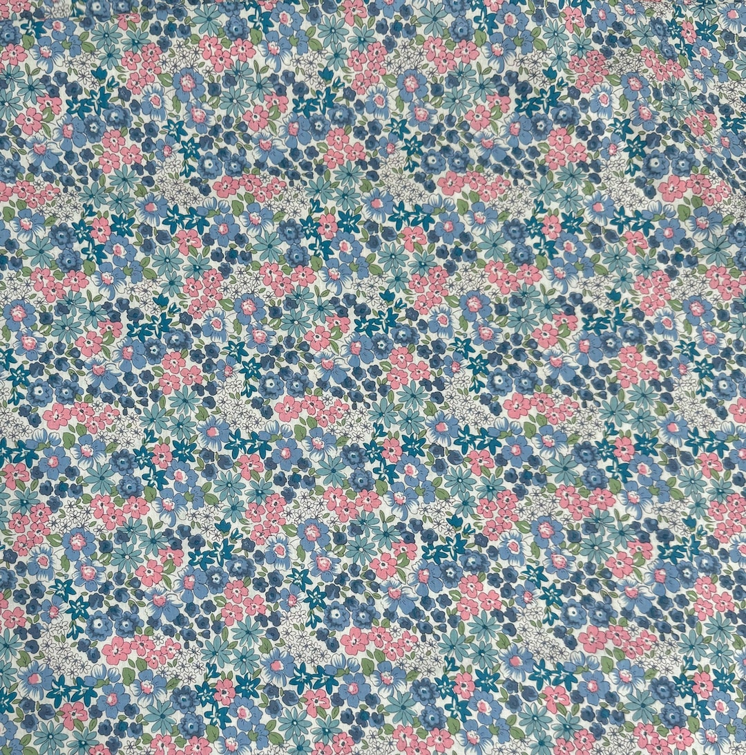 Fabric "blue Pastoral" Small Blue Pink Florals Print - 100% Cotton ...
