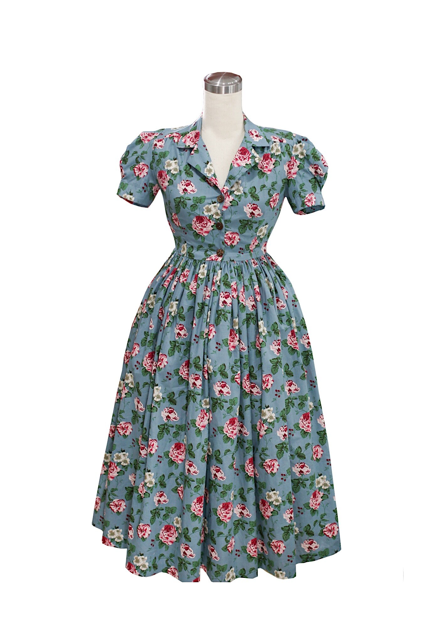 LOLO Dress 7 roses Print on Grey Blue Notched - Etsy