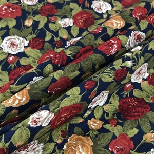NEW! Fabric "vintage Rosalie" Vintage Rose Print on Navy Blue ...