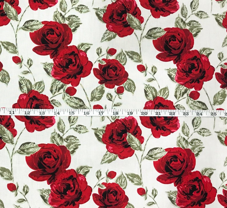 Fabric white Rose Garden Red Rose Print on White/ - Etsy