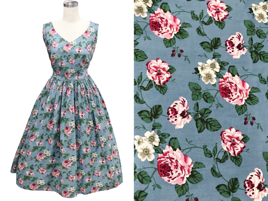 LOLO Dress #2 "roses Print on Grey Blue"- Sweetheart Neckline - Full ...