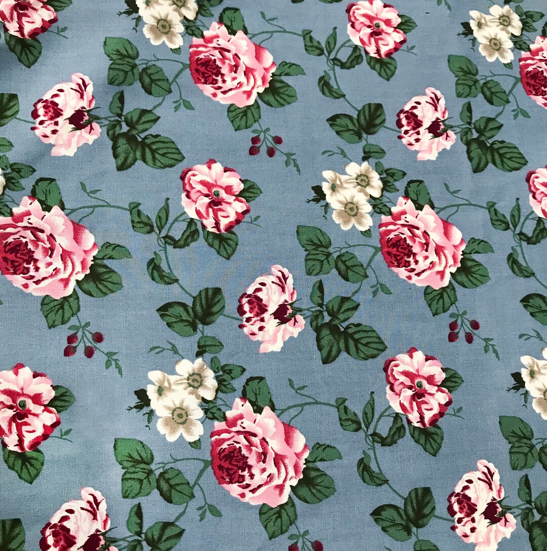 NEU! Stoff "Rosen Print on Grey Blue" - Vintage FloralEr Baumwollstoff ...