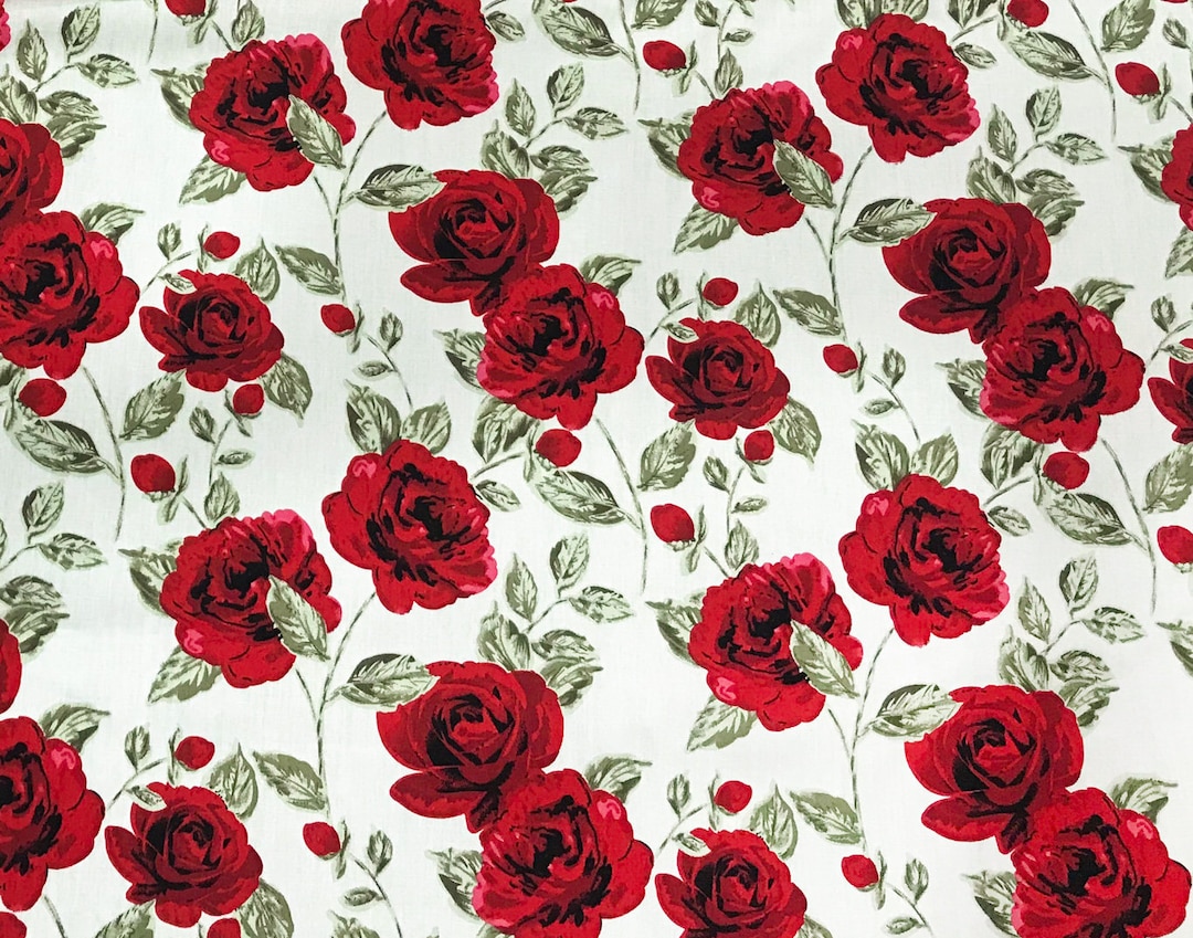 Fabric "white Rose Garden" Red Rose Print on White/ Floral Cotton ...