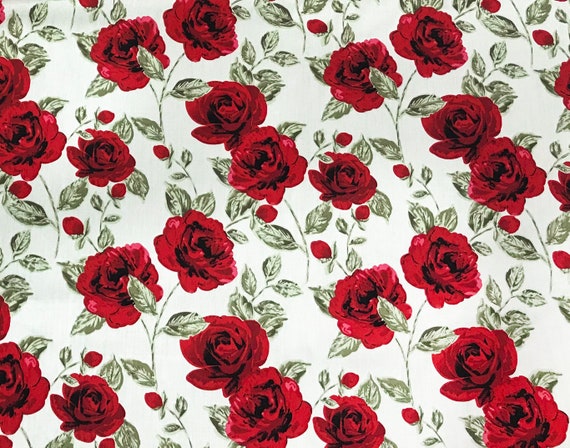 Fabric white Rose Garden Red Rose Print on White/ - Etsy
