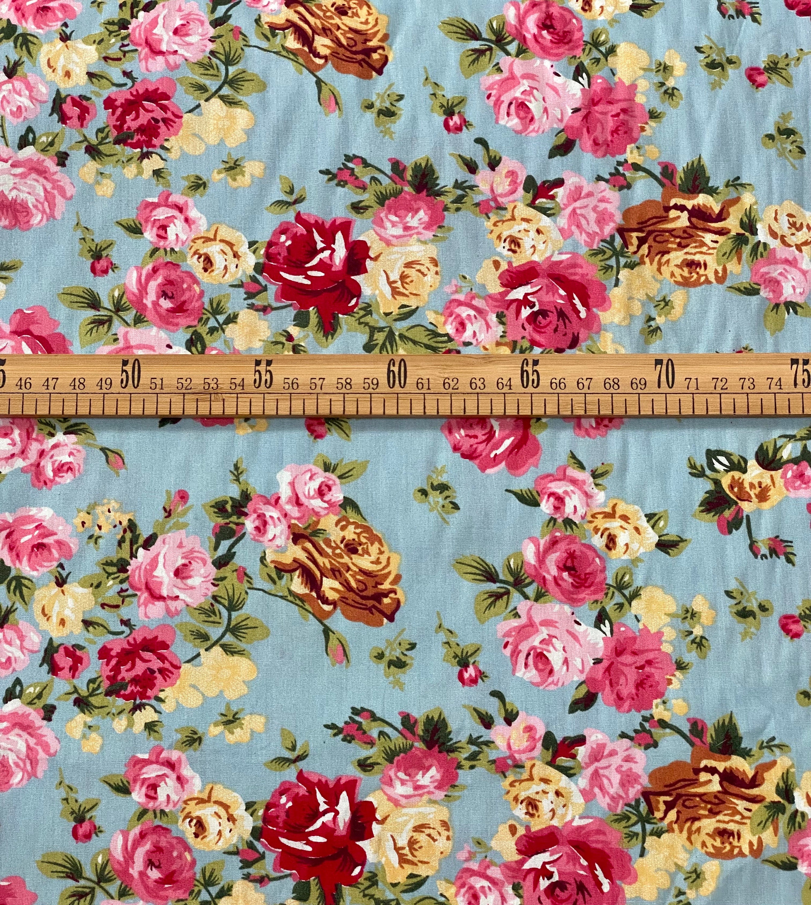 NEW! Fabric "roses Print on Blue" - Pink Roses on the Blue Background ...