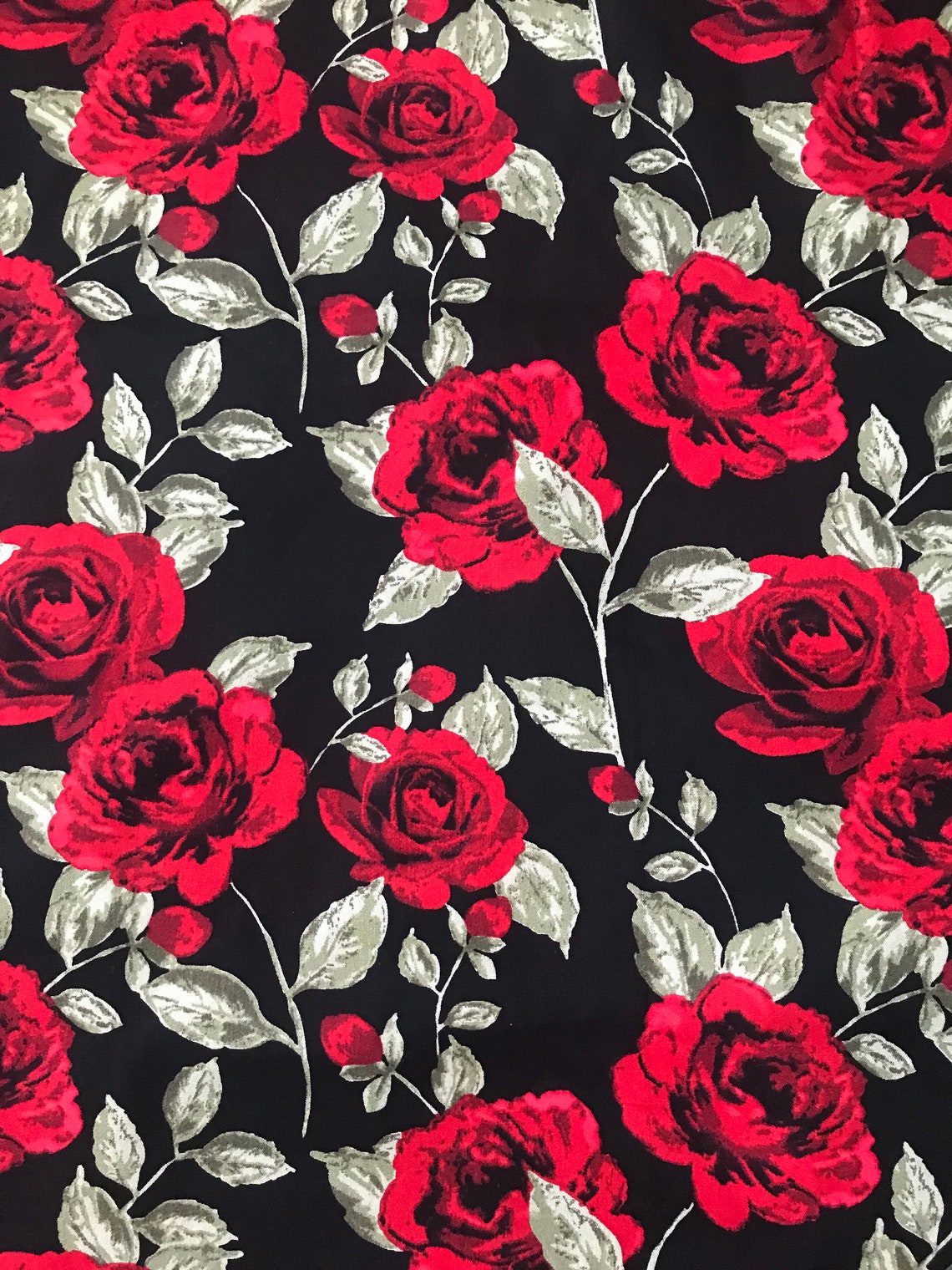 Fabric the Black Rose Garden Red Rose Print / | Etsy