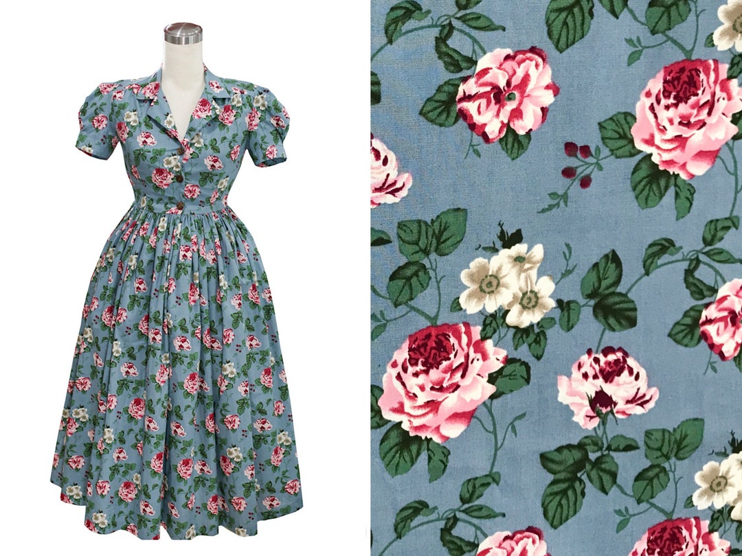 LOLO Dress #7 "roses Print on Grey Blue" - Notched Shawl Collar - Full ...