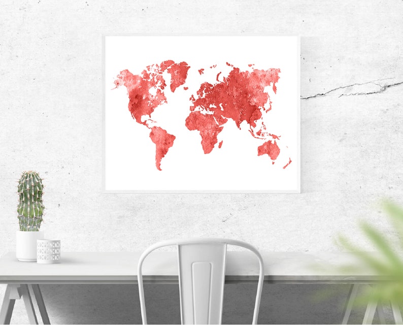 World Map Printable Watercolor Coral World Map Wall Art - Etsy