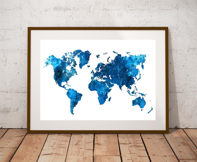 Navy Blue World Map Printable Navy Blue Watercolor World Map Wall Art ...