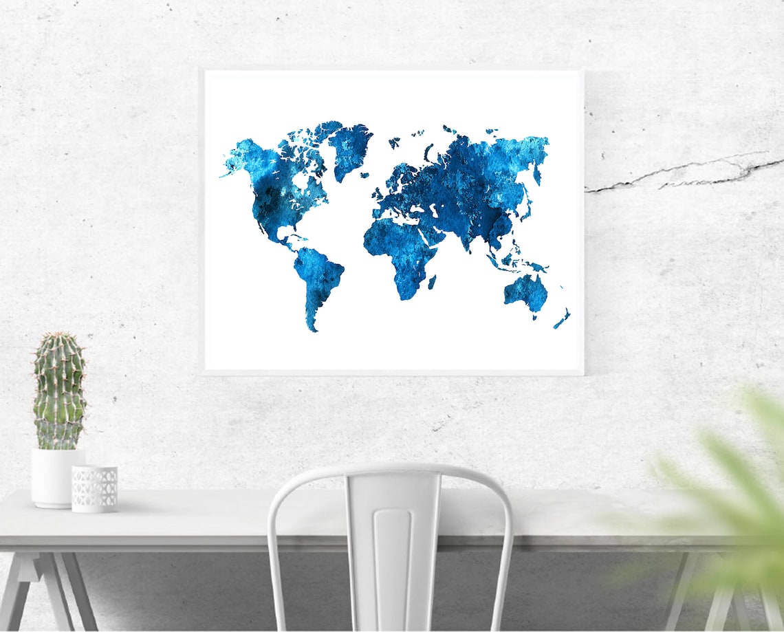 Navy Blue World Map Printable Navy Blue Watercolor World Map | Etsy