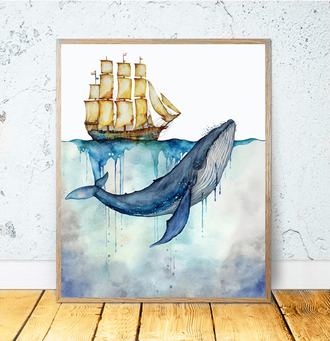 Watercolor Whale and Ship Painting- Watercolor PRINTABLE ART Whale ...