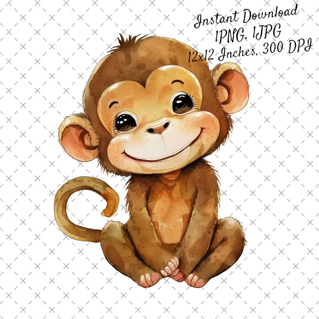 Baby Monkey Sublimation PNG PRINTABLE Cute Safari Baby Animals ...