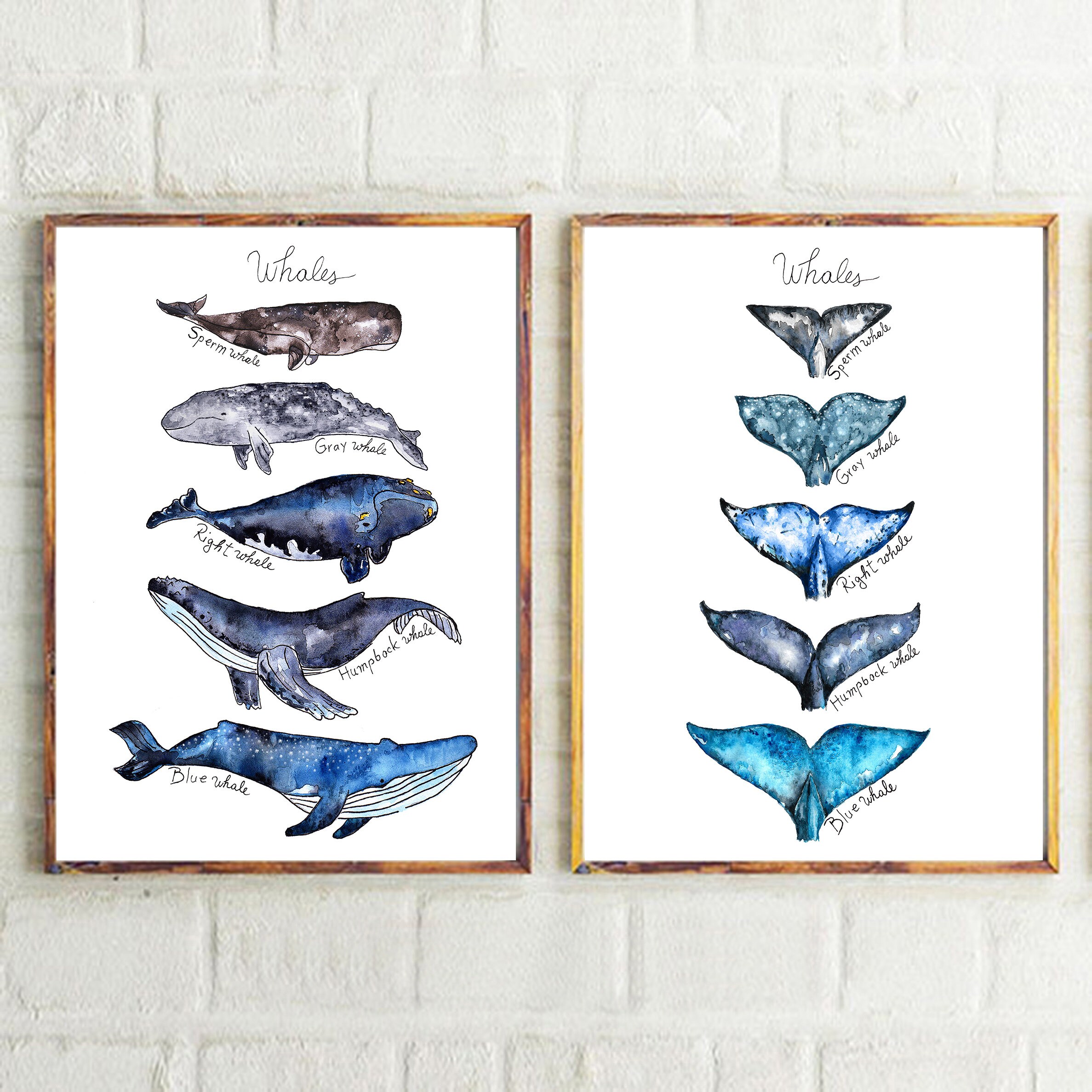 Set of 2 prints Watercolor Whales Print Whale Tails Print | Etsy