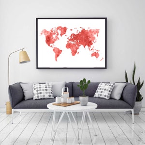 World Map Printable, Watercolor Coral World Map Wall Art, Coral World ...