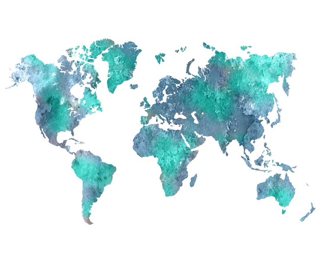 Teal Navy Blue World Map Print, Watercolor Teal Navy Blue World Map ...
